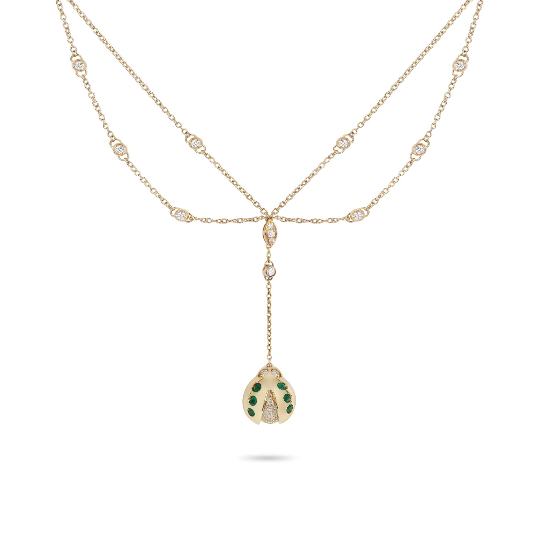 Lady Bug Diamond & Emerald Yellow Gold Chain Necklace